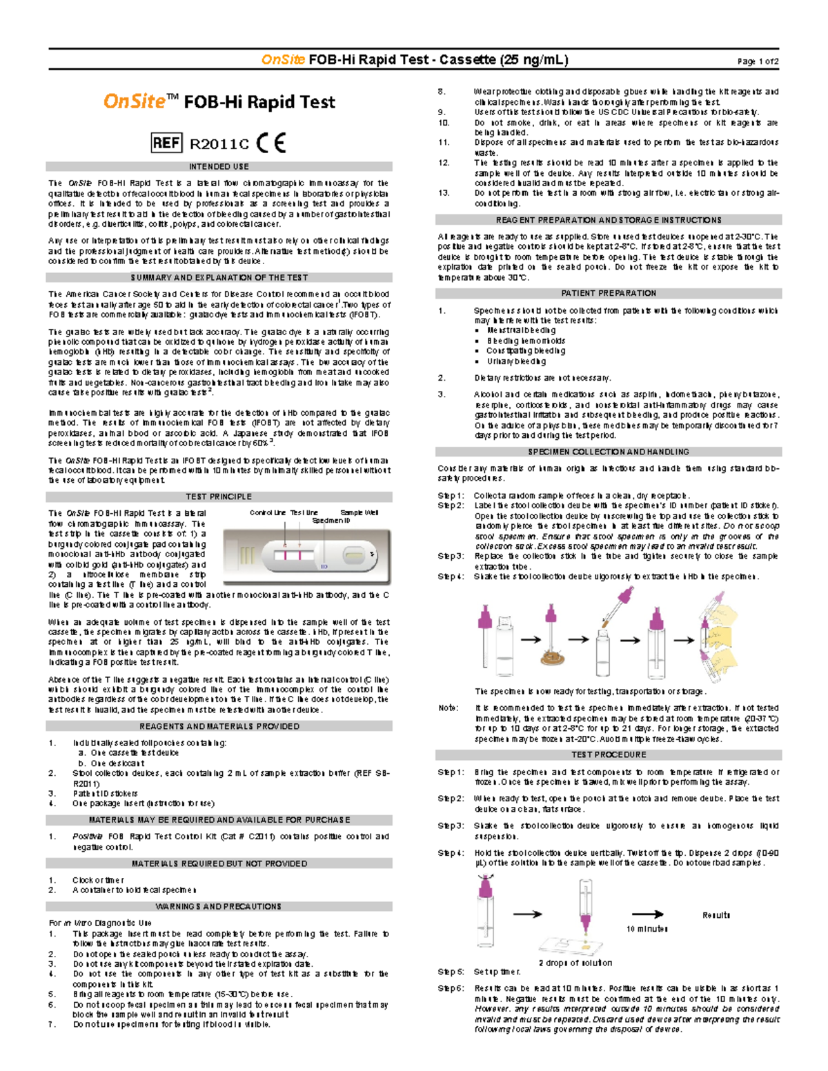 FOB-HI (Fecal) - OnSite FOB-Hi Rapid Test - Cassette (25 ng/mL) Page 1 ...