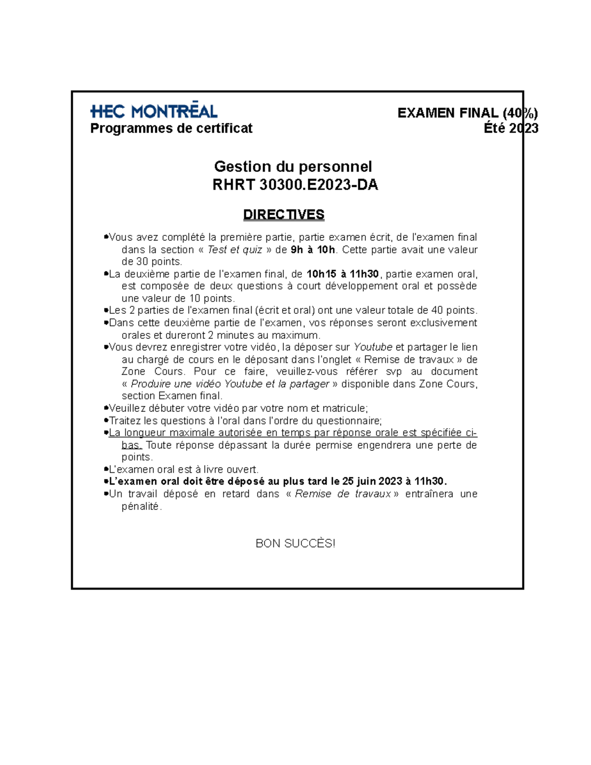 30300 DA Examen final VFB - EXAMEN FINAL (40%) Programmes de certificat ...