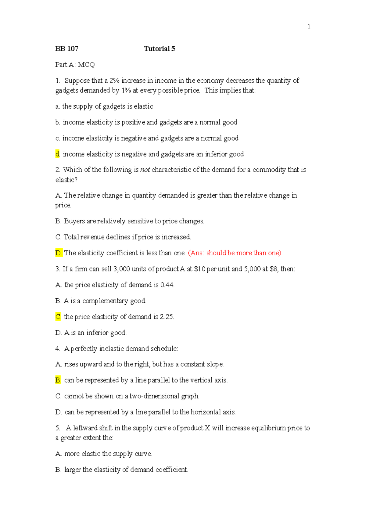BB 107(spring) Tutorial 5(s) - BB 107 Tutorial 5 Part A: MCQ Suppose ...