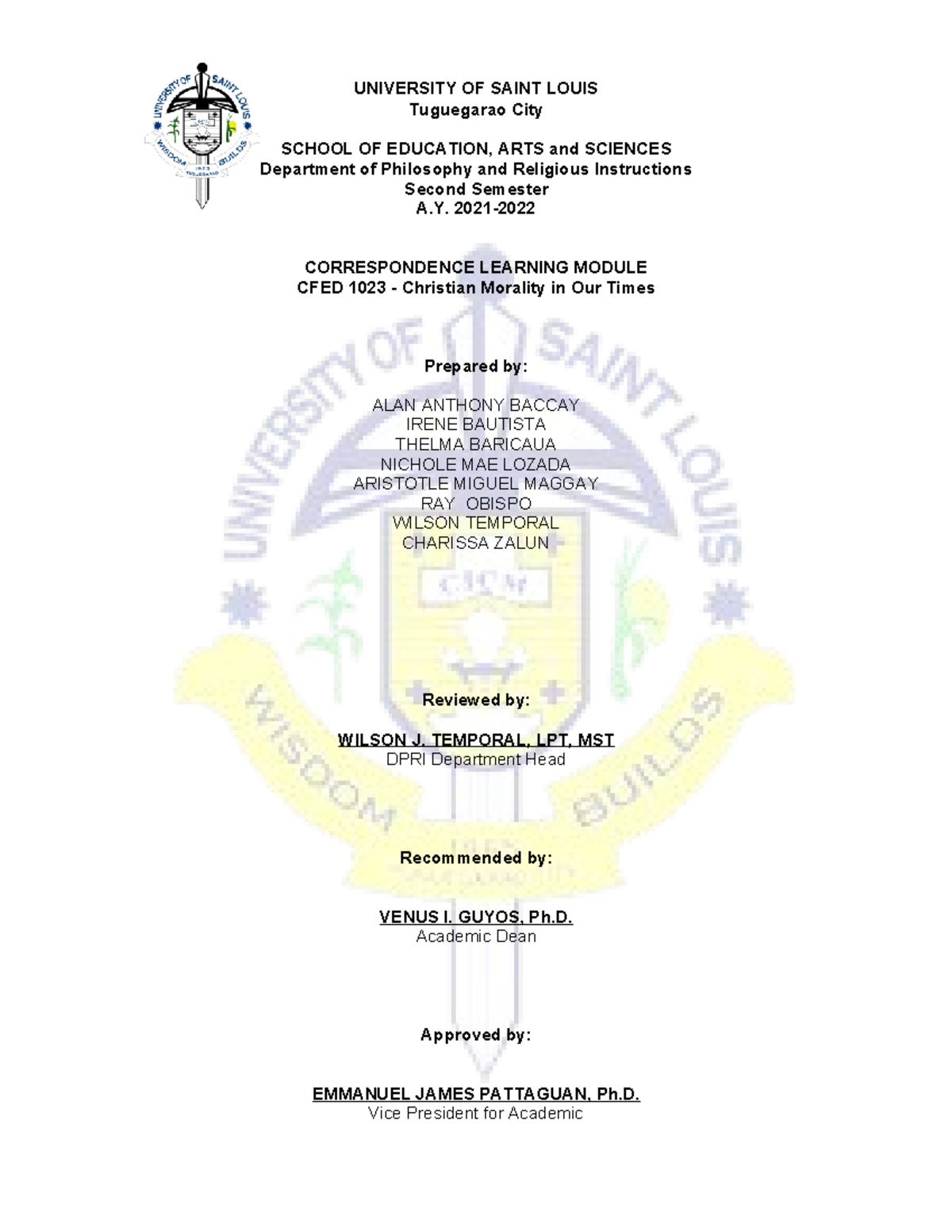 CFED 1023 Module WEEK 14 - UNIVERSITY OF SAINT LOUIS Tuguegarao City ...