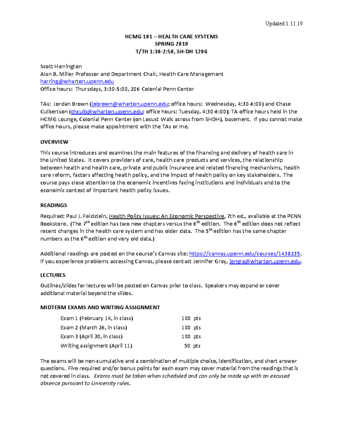 HCMG 101 Syllabus Spring 2019 1 - Updated 1.11 HCMG 101 – HEALTH CARE ...