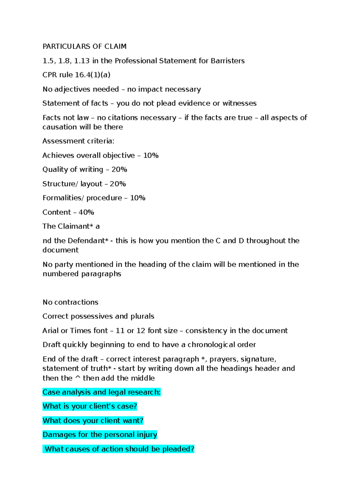 Particulars OF Claim - brief ov of drafting POC - PARTICULARS OF CLAIM ...