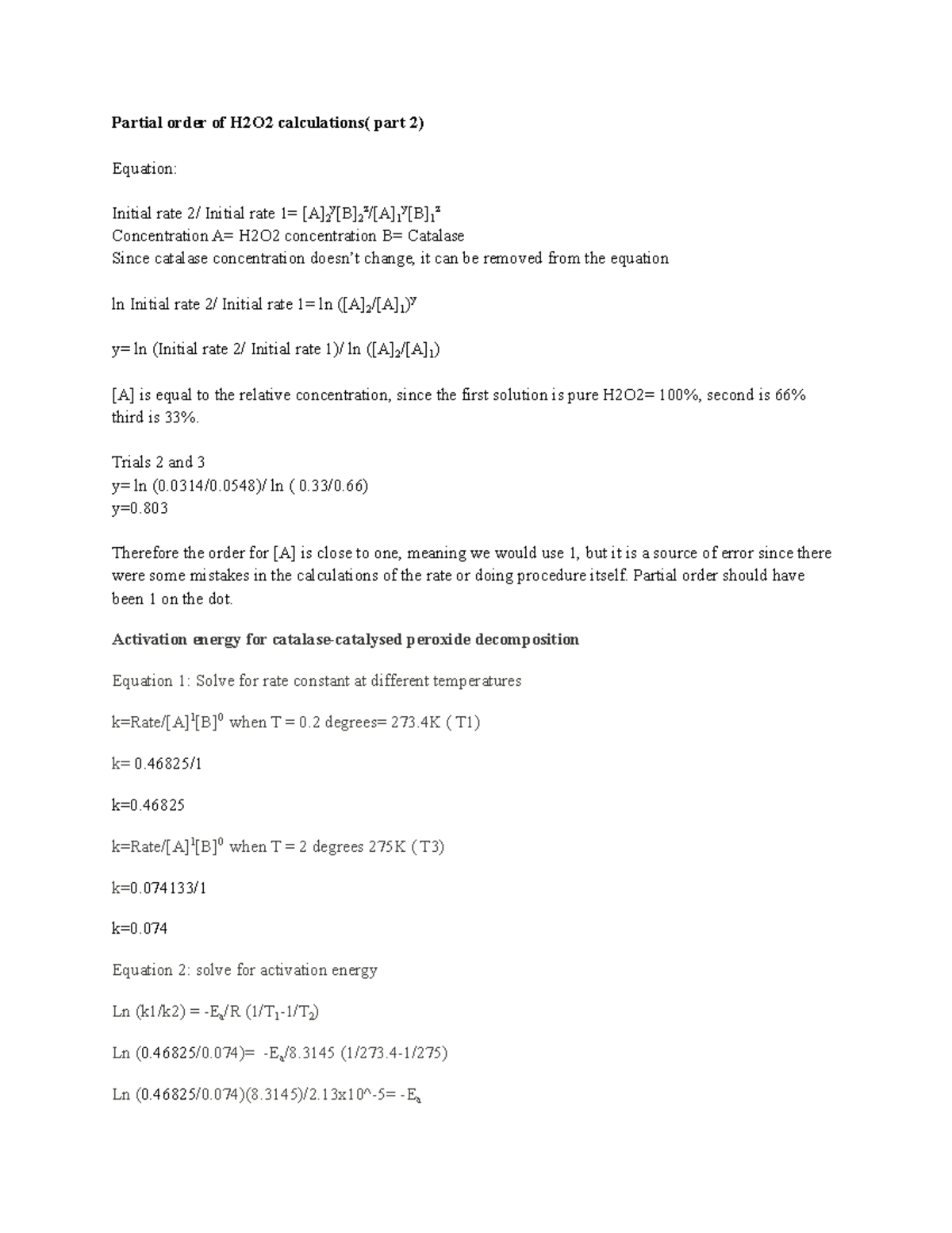 Lab 5 calculations - lab 5 - Partial order of H2O2 calculations( part 2) Equation: Initial rate ...