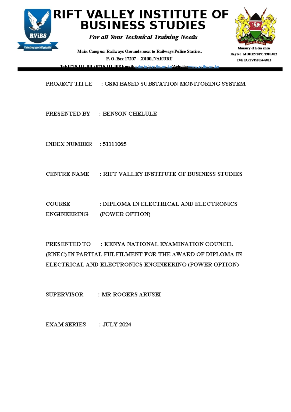 Benson Chelule Project Report - PROJECT TITLE : GSM BASED SUBSTATION ...