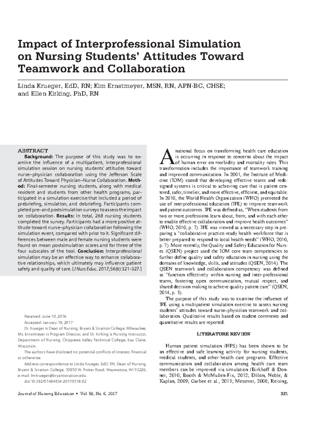 Krueger and Kirking - Impact of Interprofessional Simulation on Nursing Students Attitudes ...