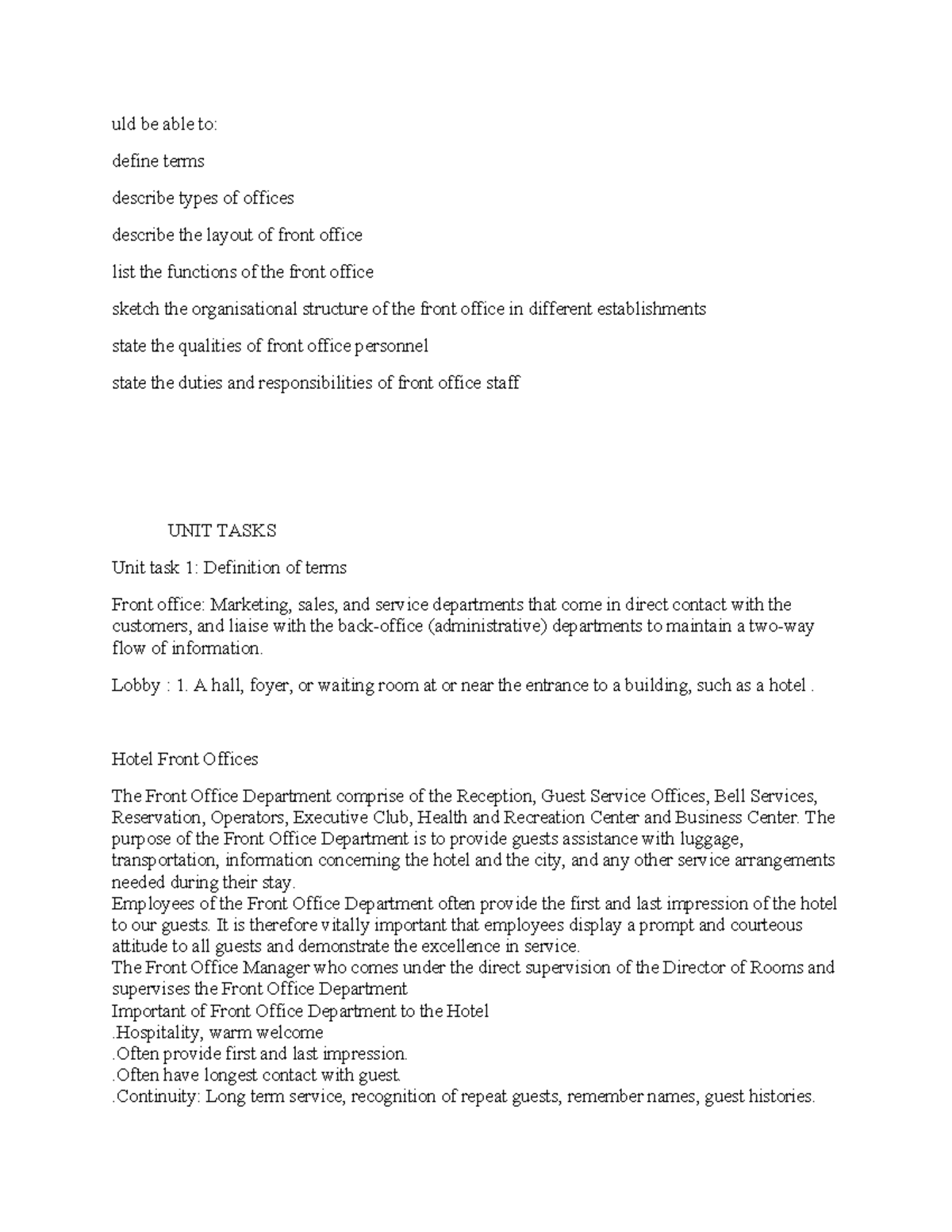 Front Office KNEC Notes - uld be able to: define terms describe types ...