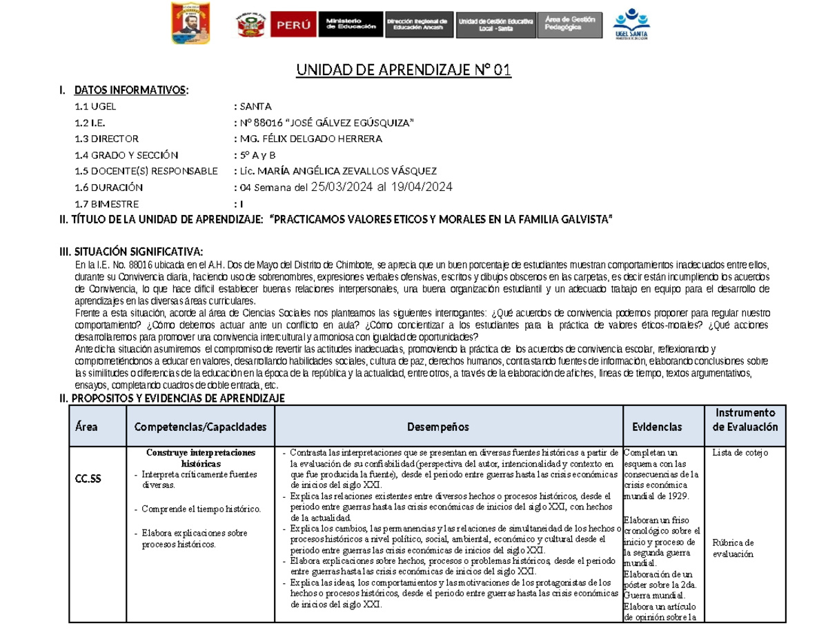 Unidad de Aprendizaje-CC - UNIDAD DE APRENDIZAJE N° 01 I. DATOS INFORMATIVOS: 1 UGEL : SANTA 1 I ...
