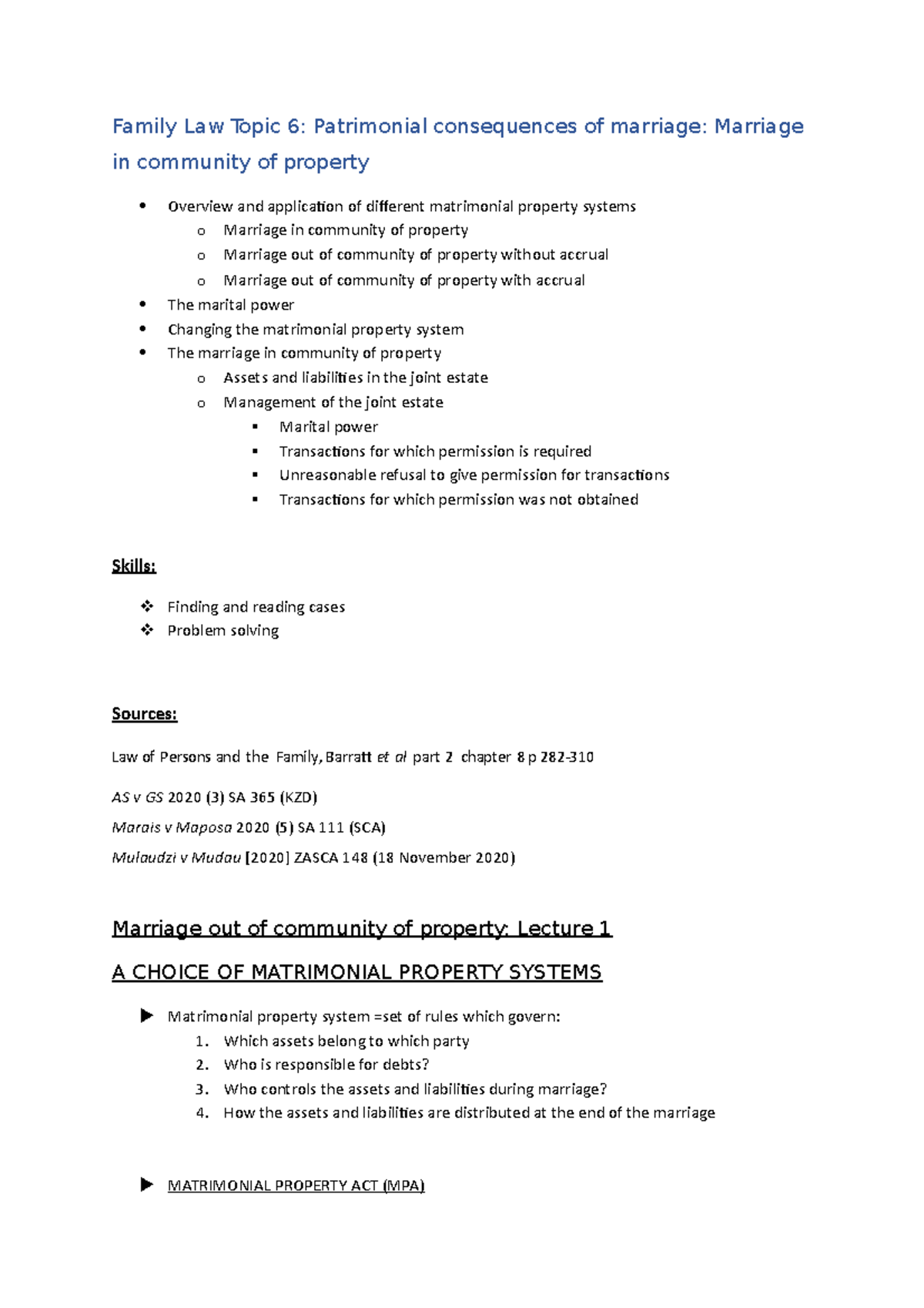 Family Law Topic 6 Notes - Family Law Topic 6: Patrimonial consequences ...