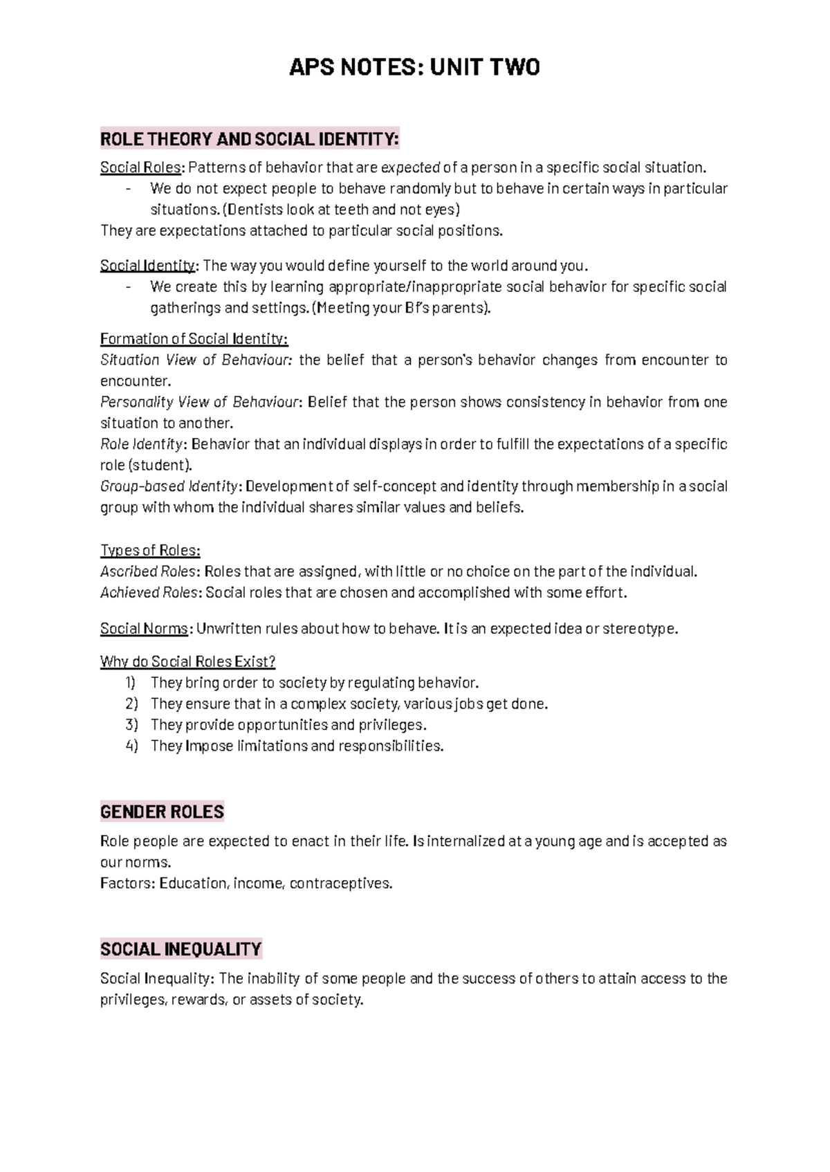 APS Notes UNIT TWO - APS NOTES: UNIT TWO ROLE THEORY AND SOCIAL ...