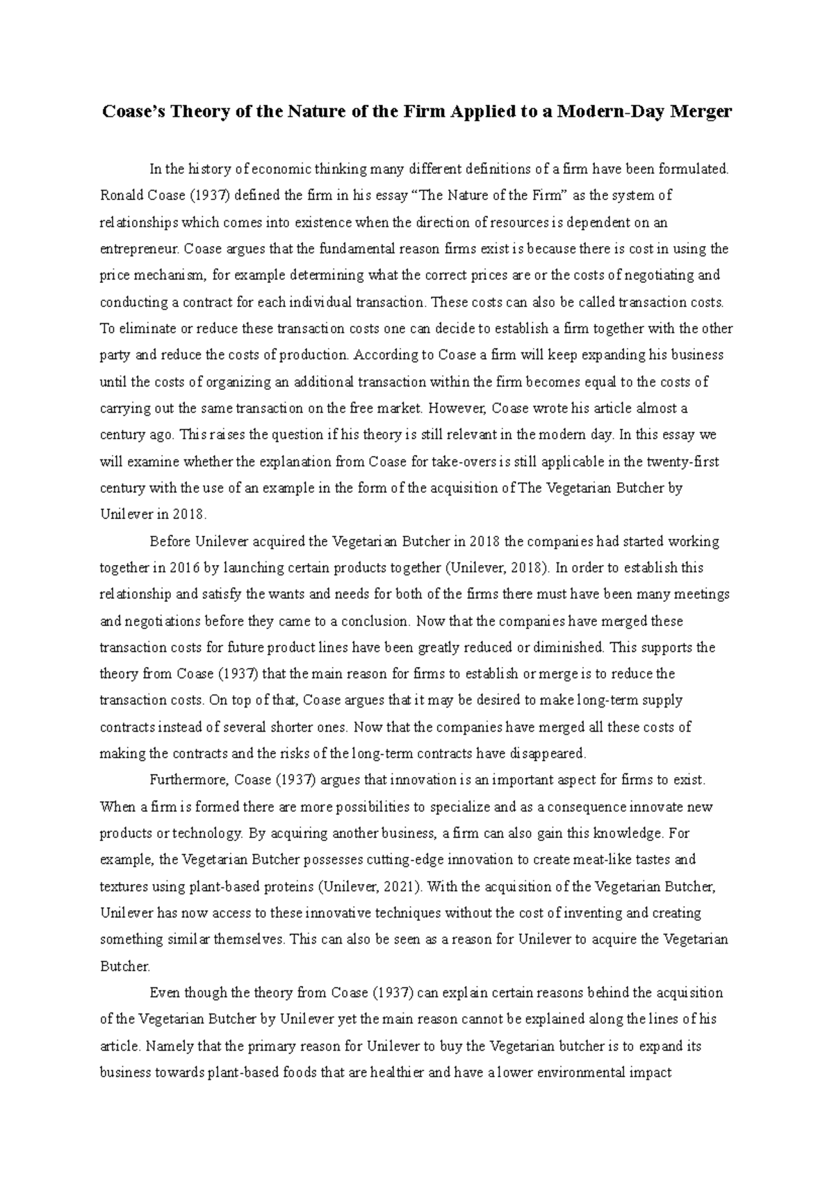 Ronald Coase assignment - Coase’s Theory of the Nature of the Firm ...