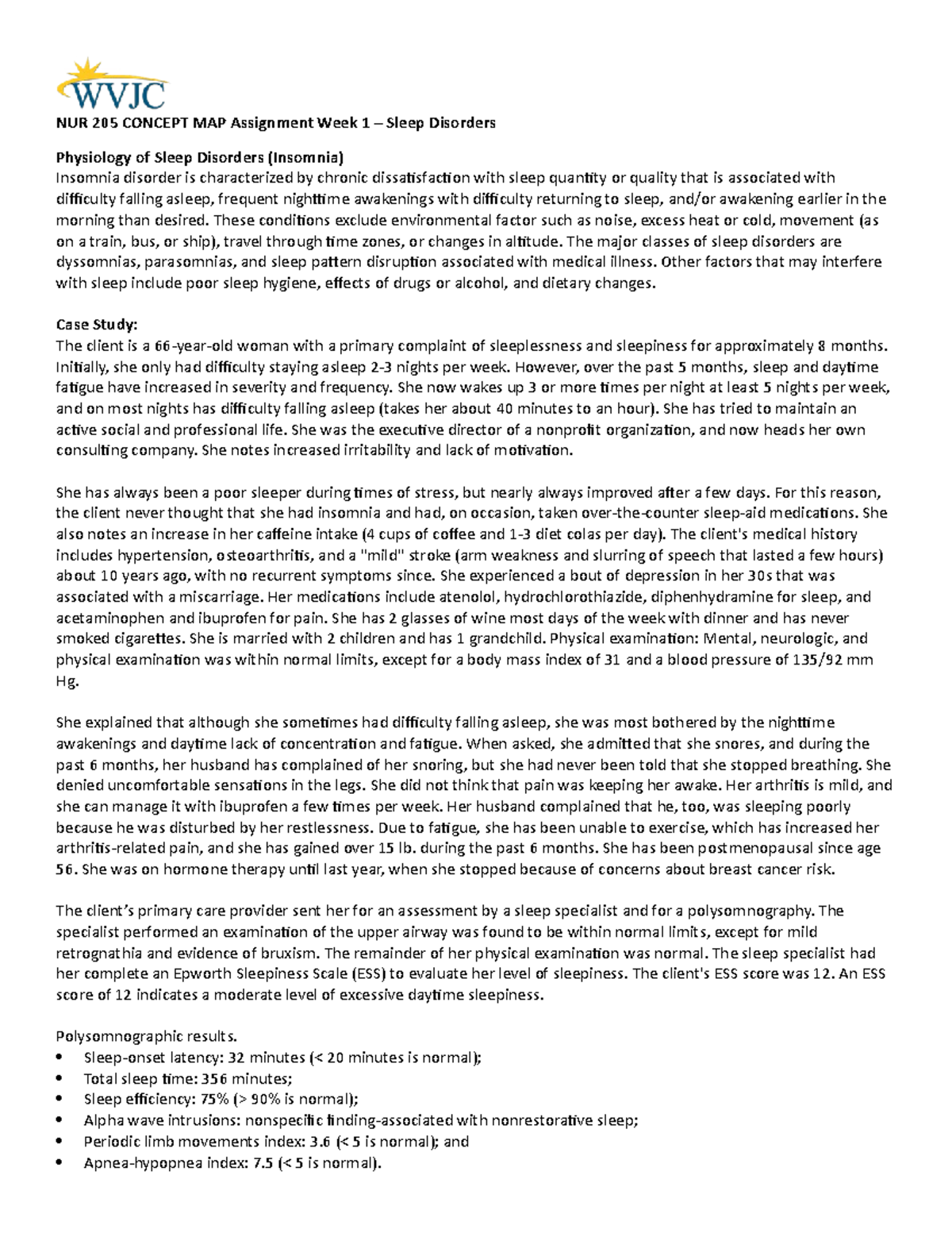 Concept Map 1 - NUR 205 CONCEPT MAP Assignment Week 1 – Sleep Disorders ...