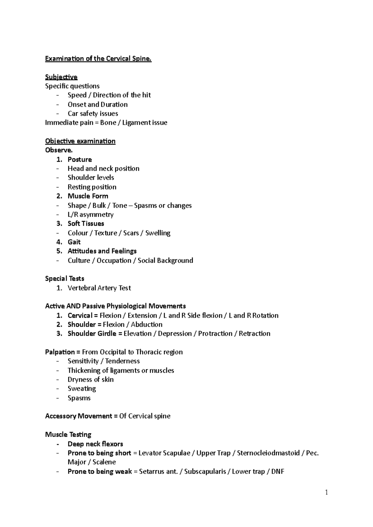 C spine assessment - Examination of the Cervical Spine. Subjective ...