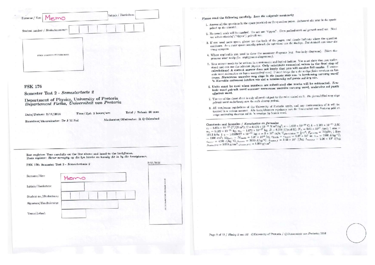 FSK176 2016 ST2 Memo - Surname Van: Memo Initials / Voorletters: Please ...