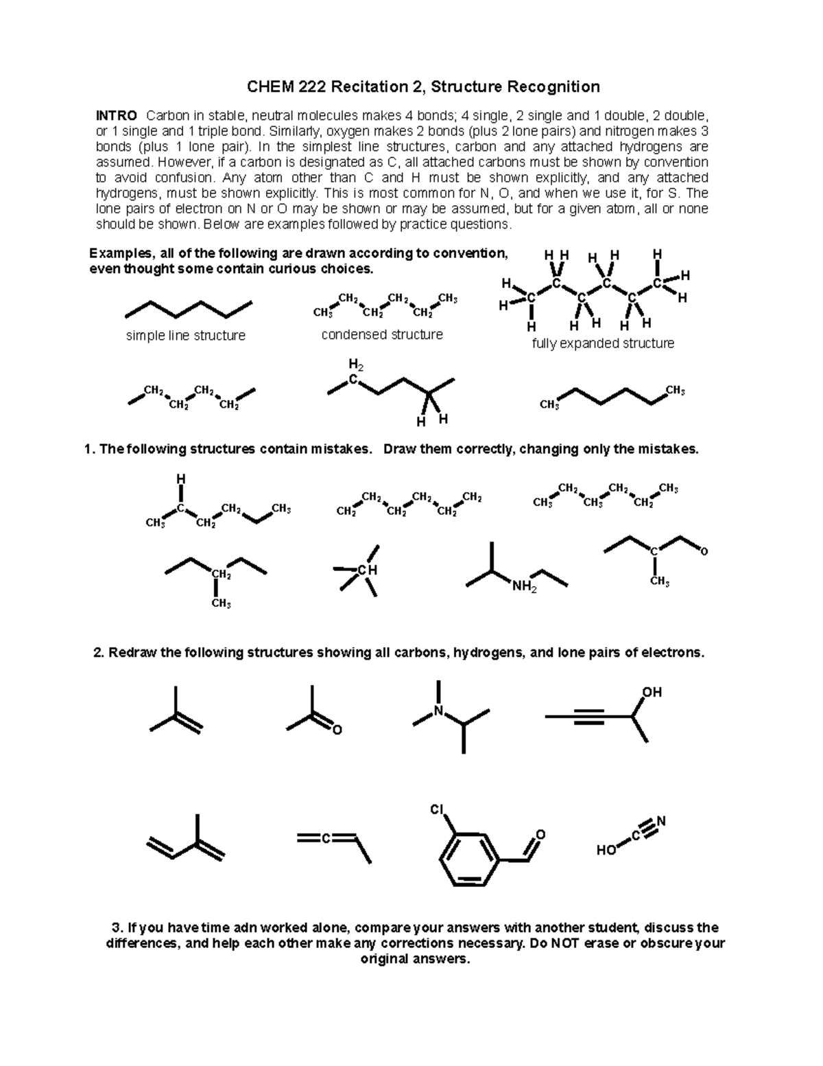 CHEM 222 rec 1 Str Recog F24 - CHEM 222 Recitation 2, Structure ...