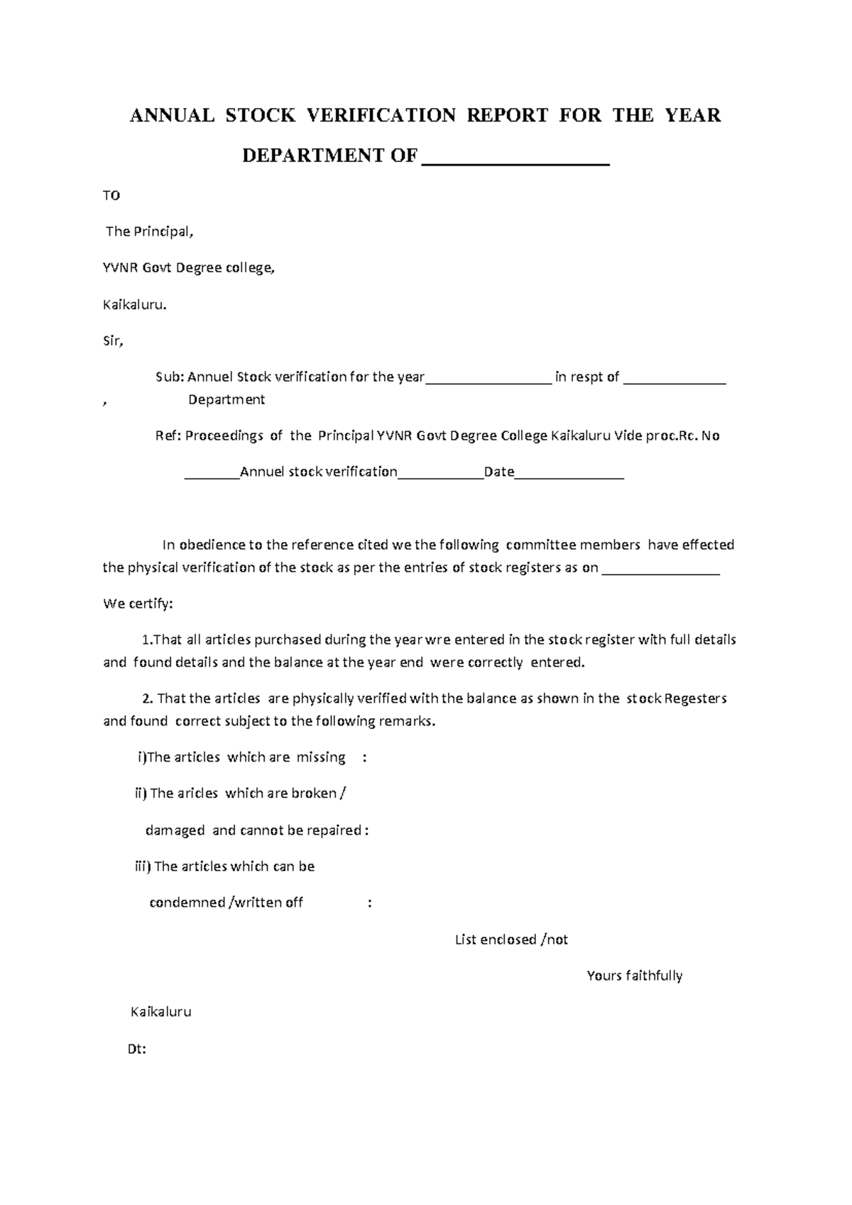 Annual Stock Verification Report FOR THE YEAR (1) - ANNUAL STOCK ...