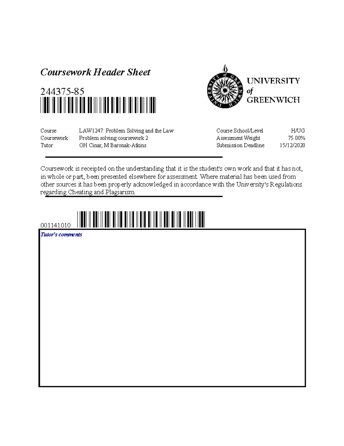 PSL Coursework 2 - RCW Question psl Law 2 - Coursework Header Sheet ...