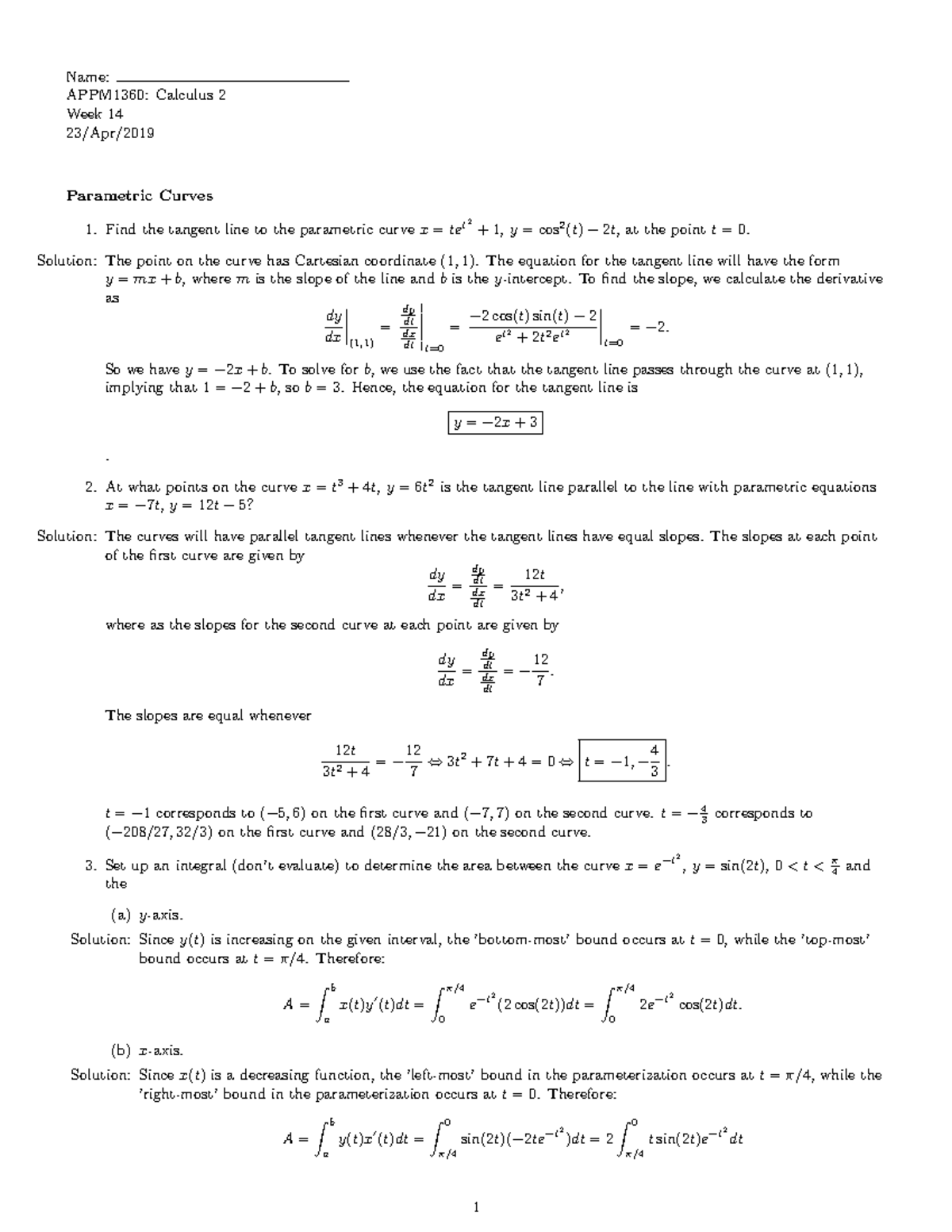 Worksheet week14 solutions - Name: APPM1360: Calculus 2 Week 14 ...