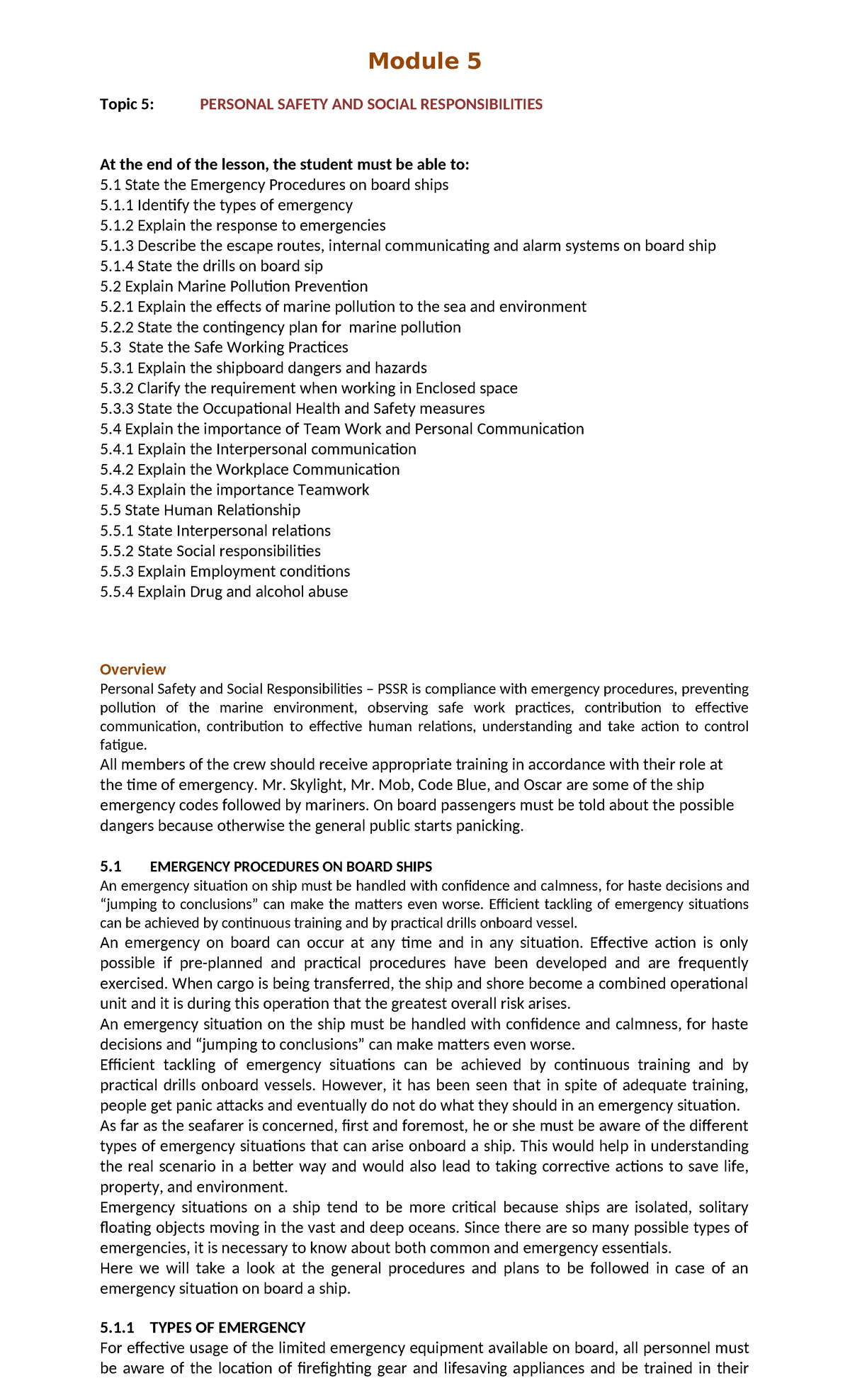 Basic Safty Module A5 - Module 5 Topic 5: PERSONAL SAFETY AND SOCIAL ...