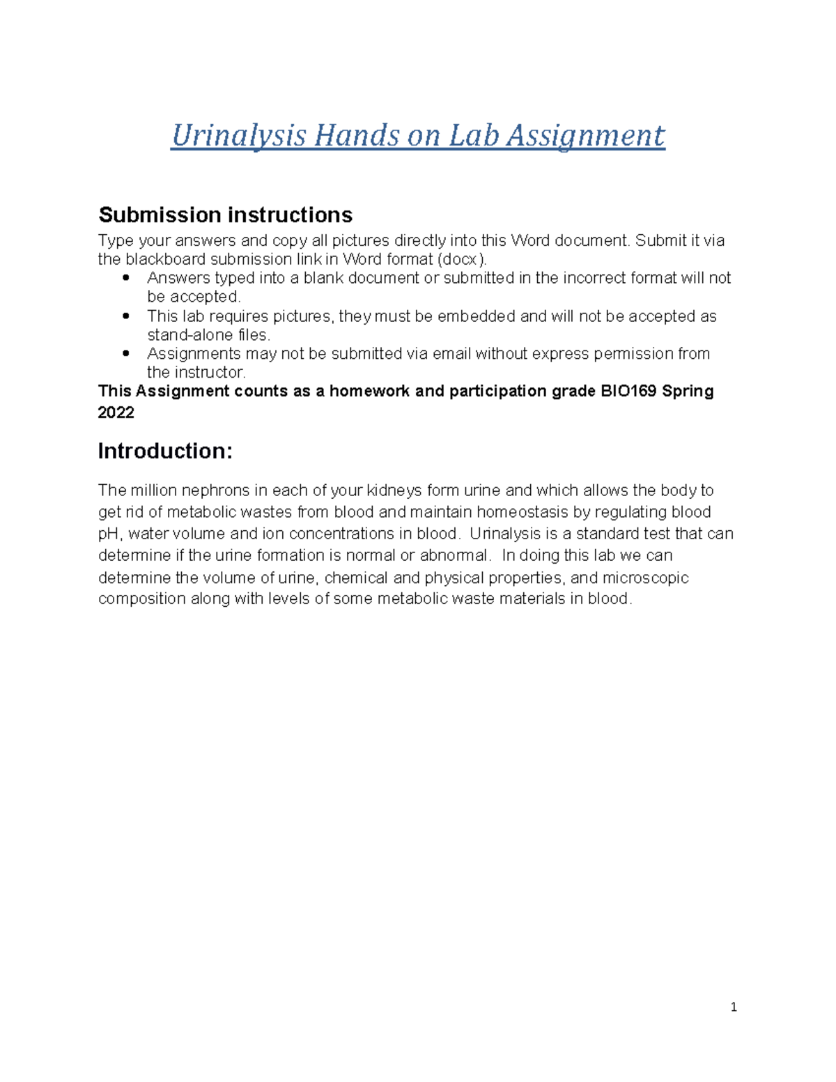 BIO169 Lab 8 Urinalysis Blank Fall 2022 - Urinalysis Hands on Lab Assignment Submission ...