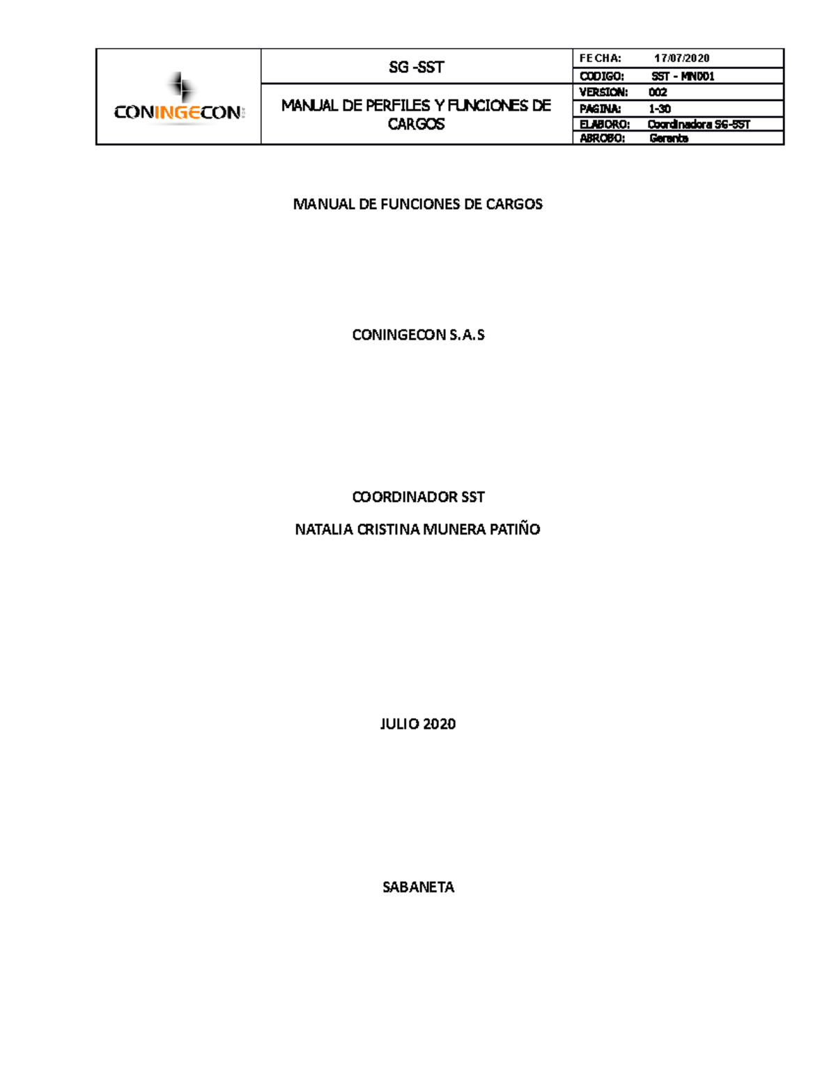 Manual DE Perfiles Y Funciones DE Cargos - SG -SST CODIGO: SST - MN 001 ...