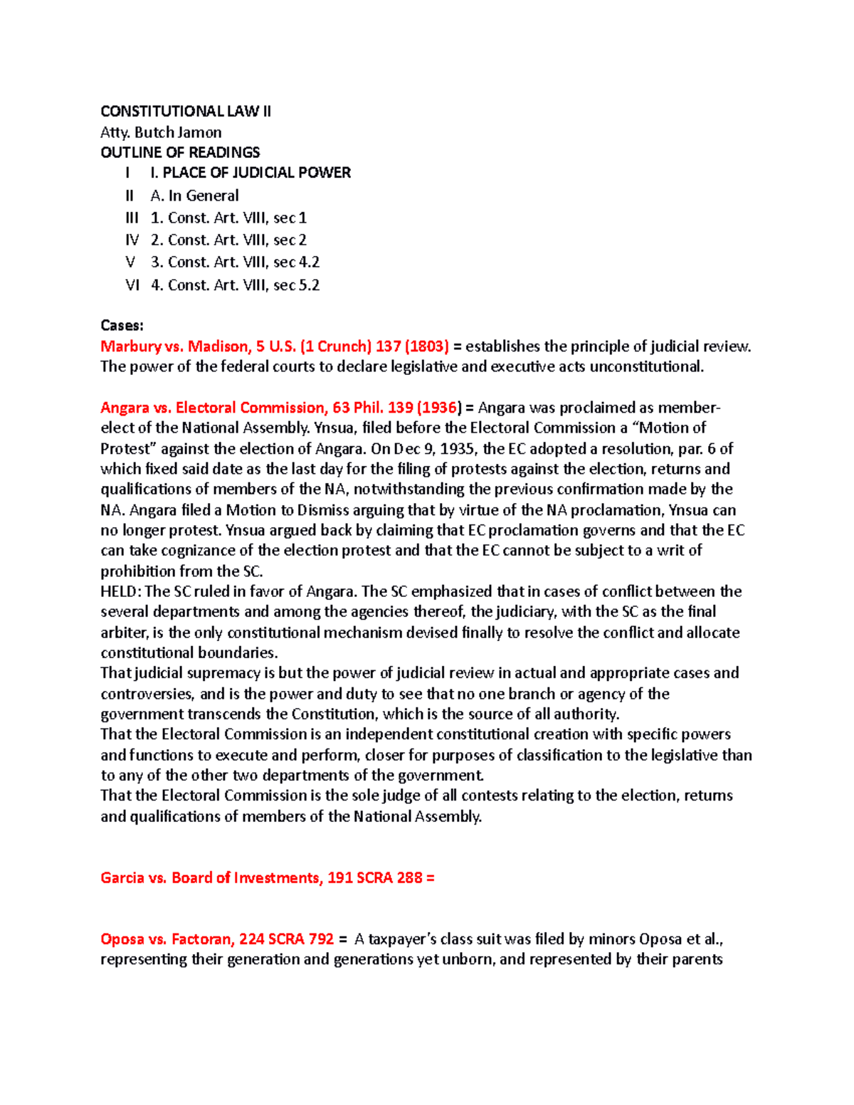 Final Consti 2 Final Cases - CONSTITUTIONAL LAW II Atty. Butch Jamon OUTLINE OF READINGS I I ...