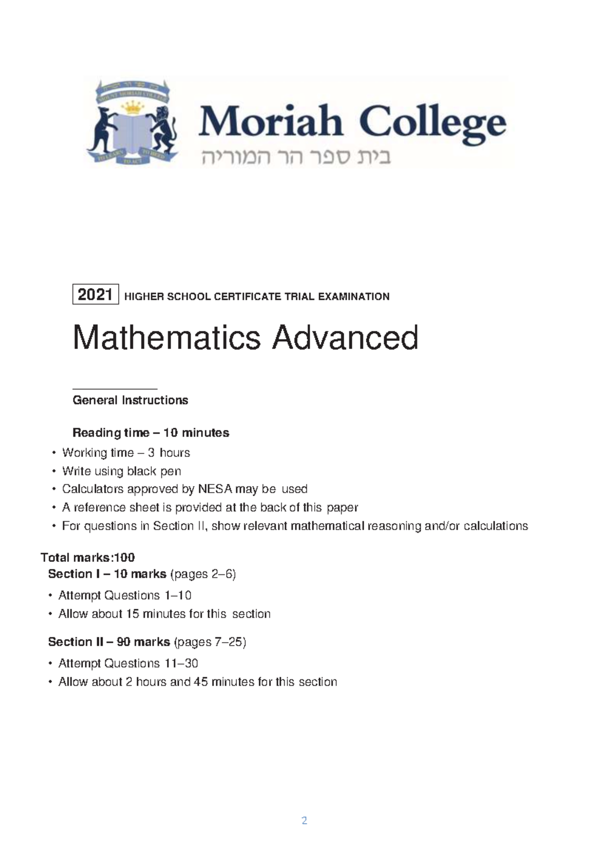 2021 Year 12 Advanced Mathematics Trial Exam - HIGHER SCHOOL ...