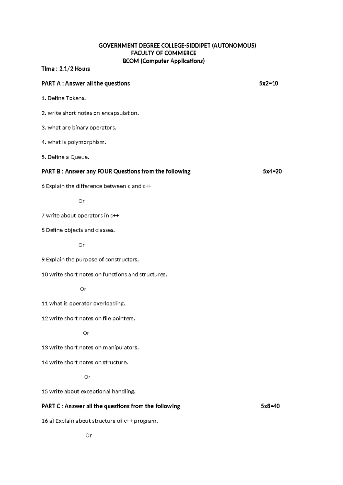 C++ - question papers sets for practice - GOVERNMENT DEGREE COLLEGE ...