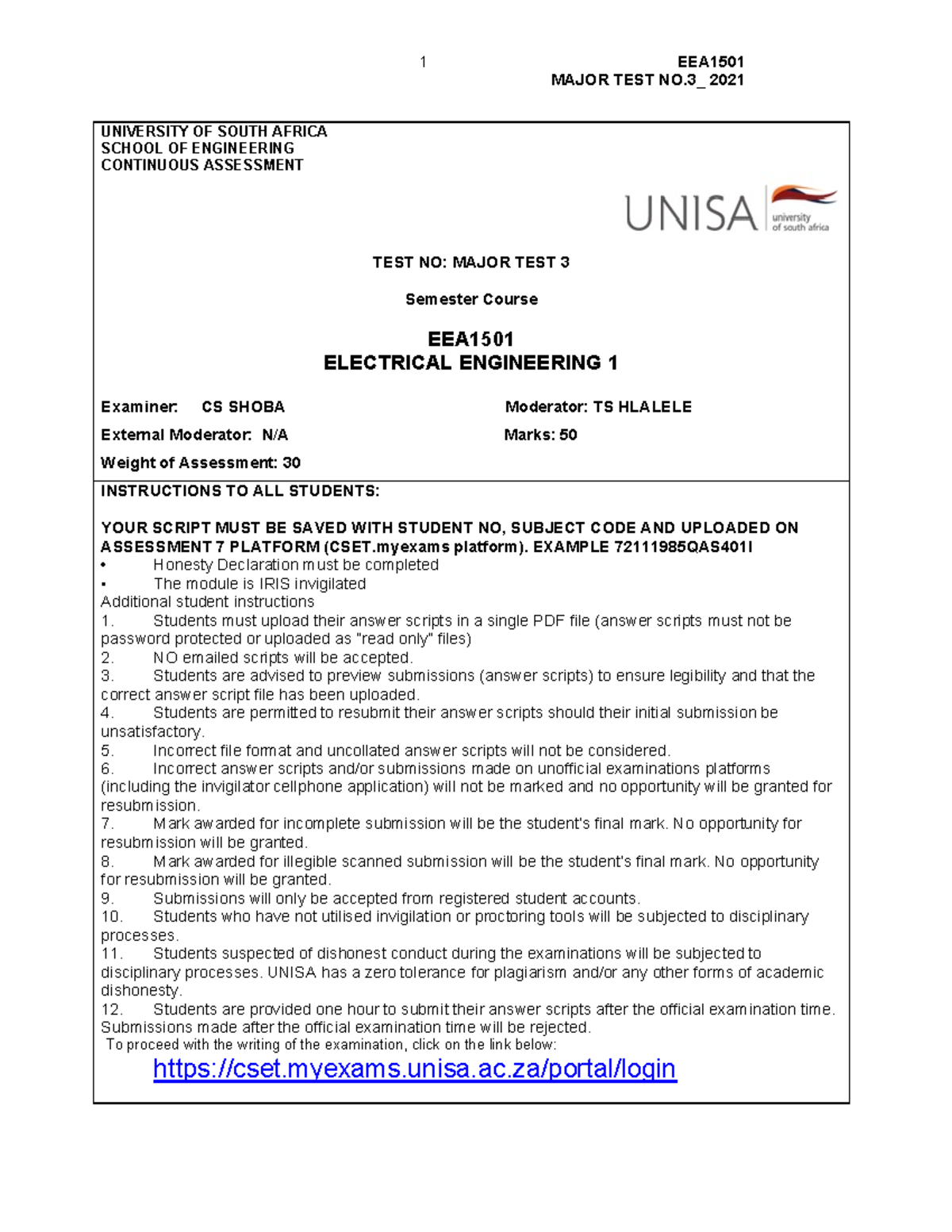 EEA1501 2021 Major Test 3 Question Paper - MAJOR TEST NO_ 2021 ...