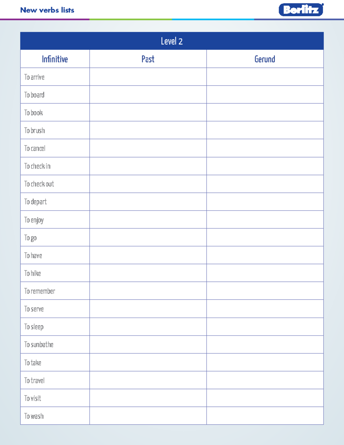 Berlitz Verbs 02 - Inglés I - New verbs lists Level 2 Infinitive Past ...