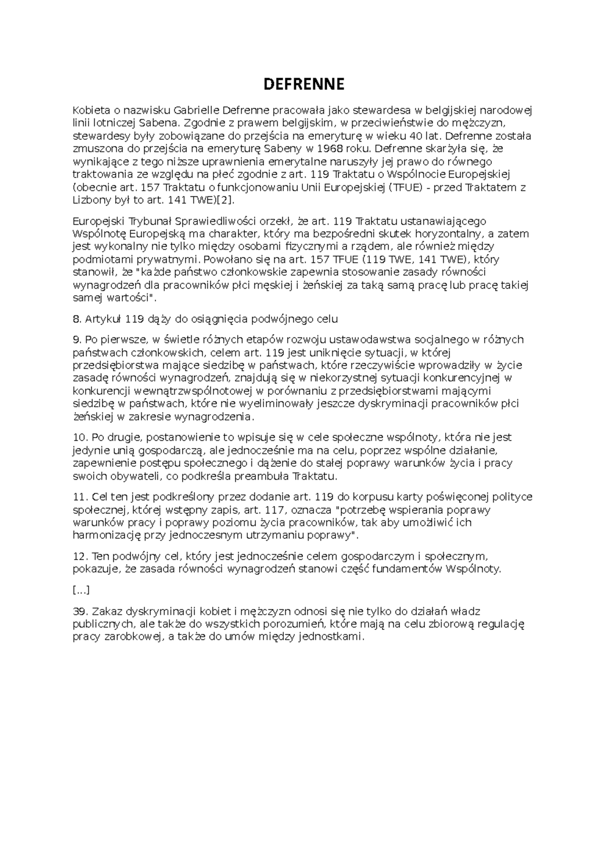 Defrenne - opracowana sprawa - DEFRENNE Kobieta o nazwisku Gabrielle ...