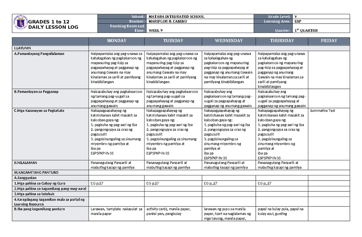 DLL ESP 5 Q1 W9 - Practice Materials - GRADES 1 to 12 DAILY LESSON LOG ...