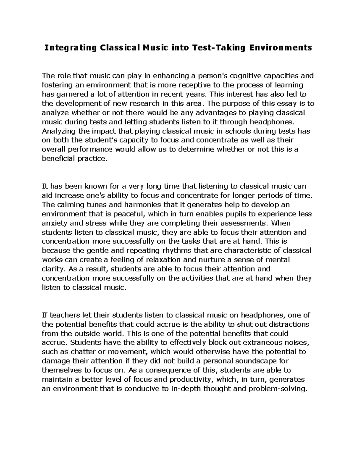 Integrating Classical Music into Test-Taking Environments (Essay ...