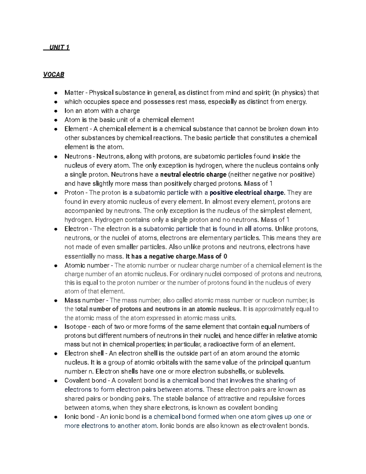 AP biology Notes for AP biology - UNIT 1 VOCAB Matter - Physical ...
