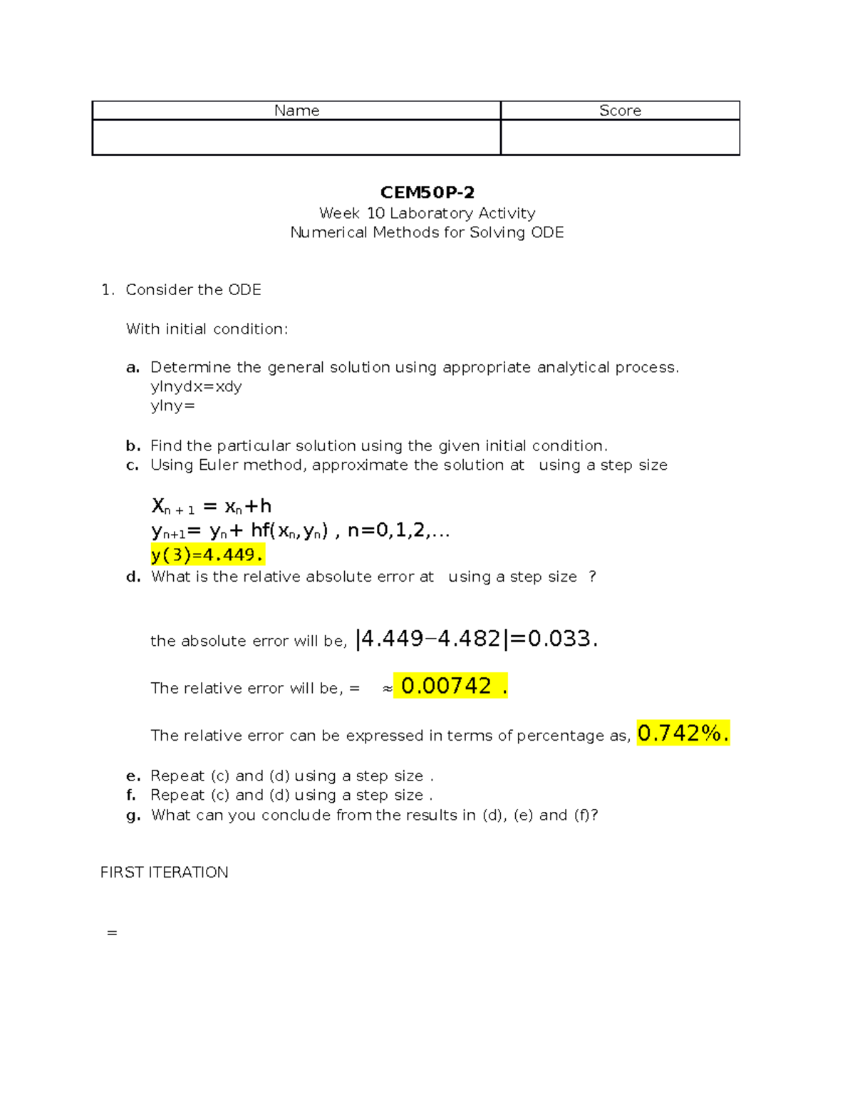 CE50 - ASSIGNMENT - Name Score CEM50P- Week 10 Laboratory Activity Numerical Methods for Solving ...