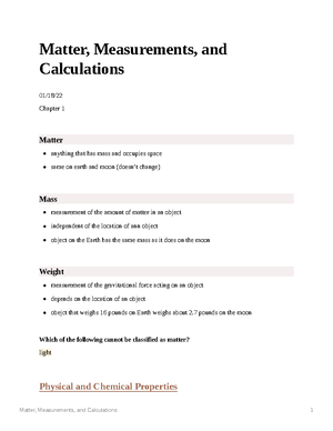 Chapter 1 Matter,Measurements - CHAPTER 1 MATTER: PROPERTIES AND MEASUREMENT Learning Outcomes ...