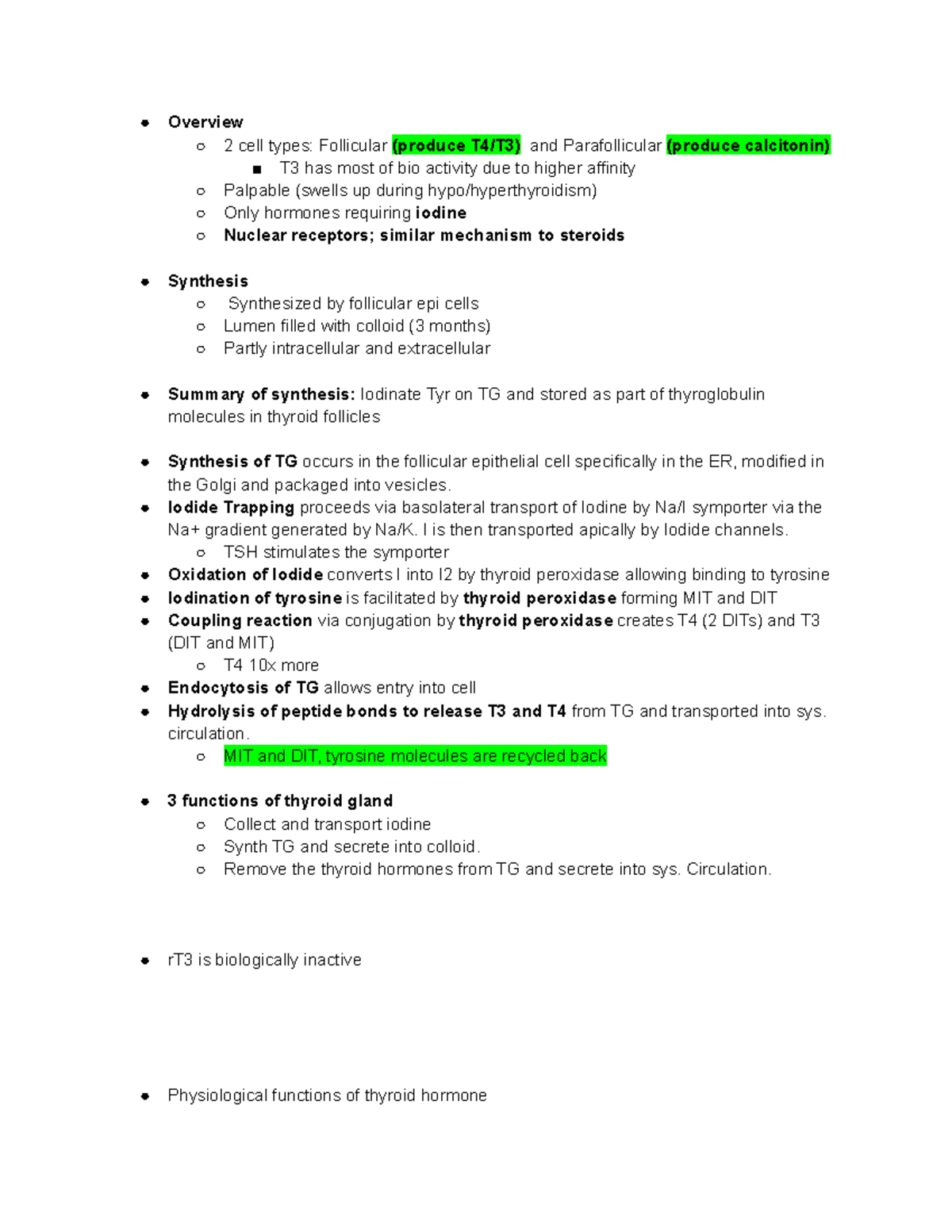 Thyroid Lecture notes - Overview 2 cell types: Follicular (produce T4 ...