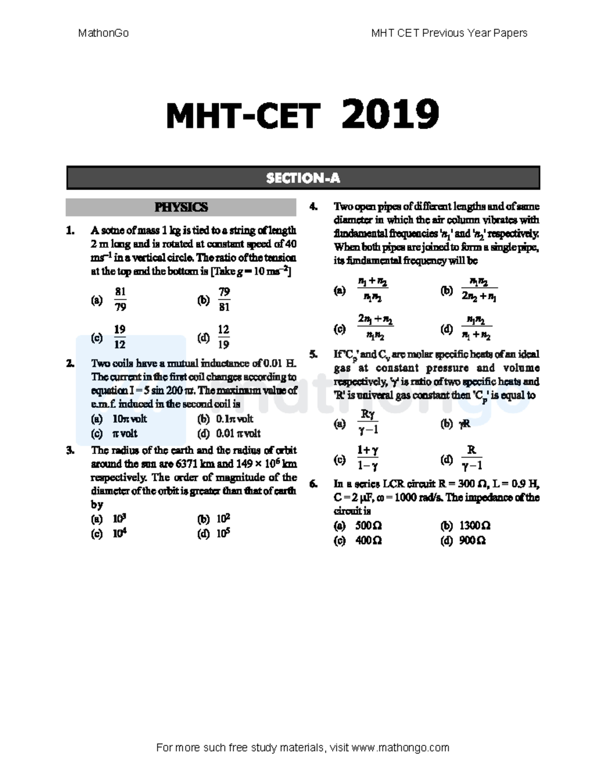 MHT CET 2019 Previous Year Paper - Bachelors of Computer Applications ...