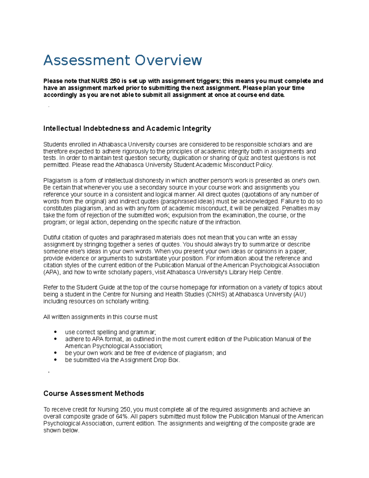 NURS 250 - Assignment Outline - Assessment Overview Please note that ...