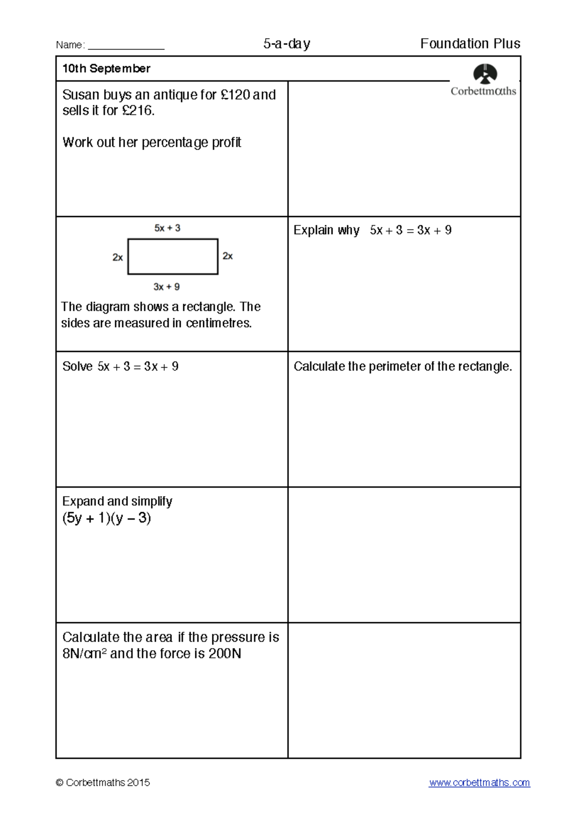 Maths-HW-+September-10th - Name: ______________ 5-a-day Foundation Plus ...