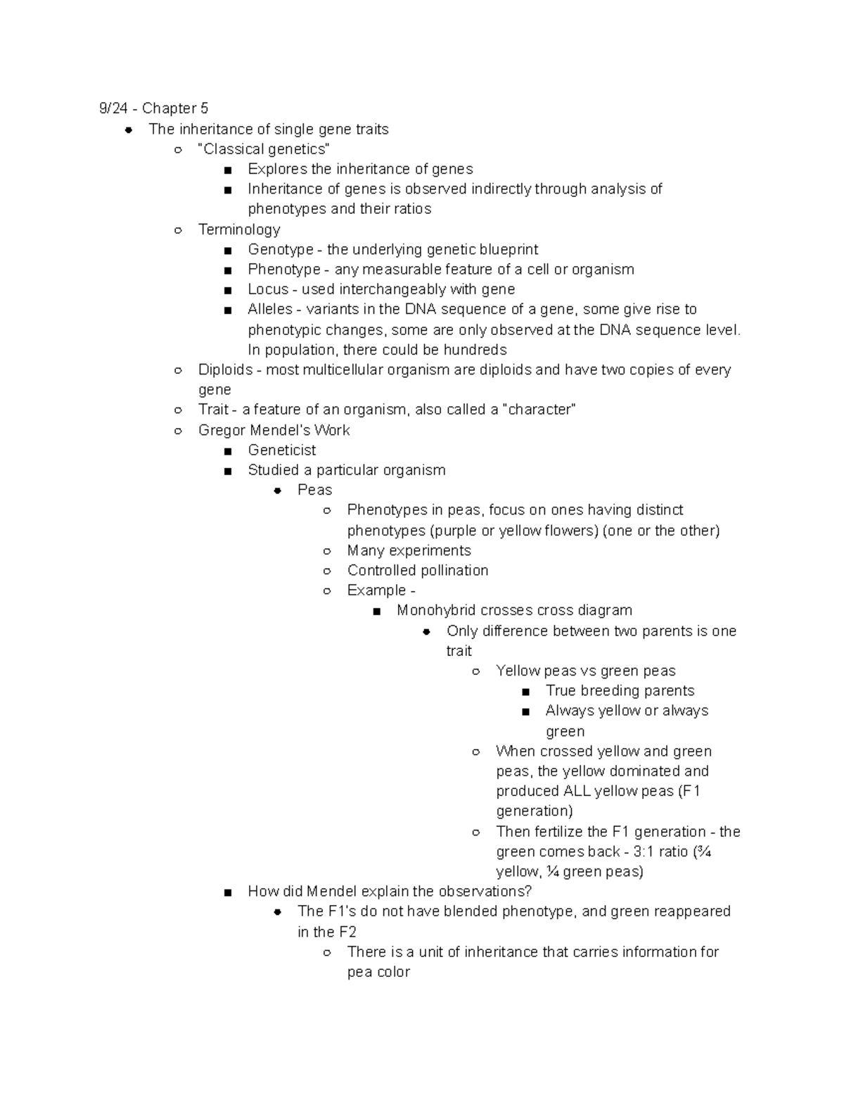 Bio 240 - Notes - 9/24 - Chapter 5 The inheritance of single gene ...