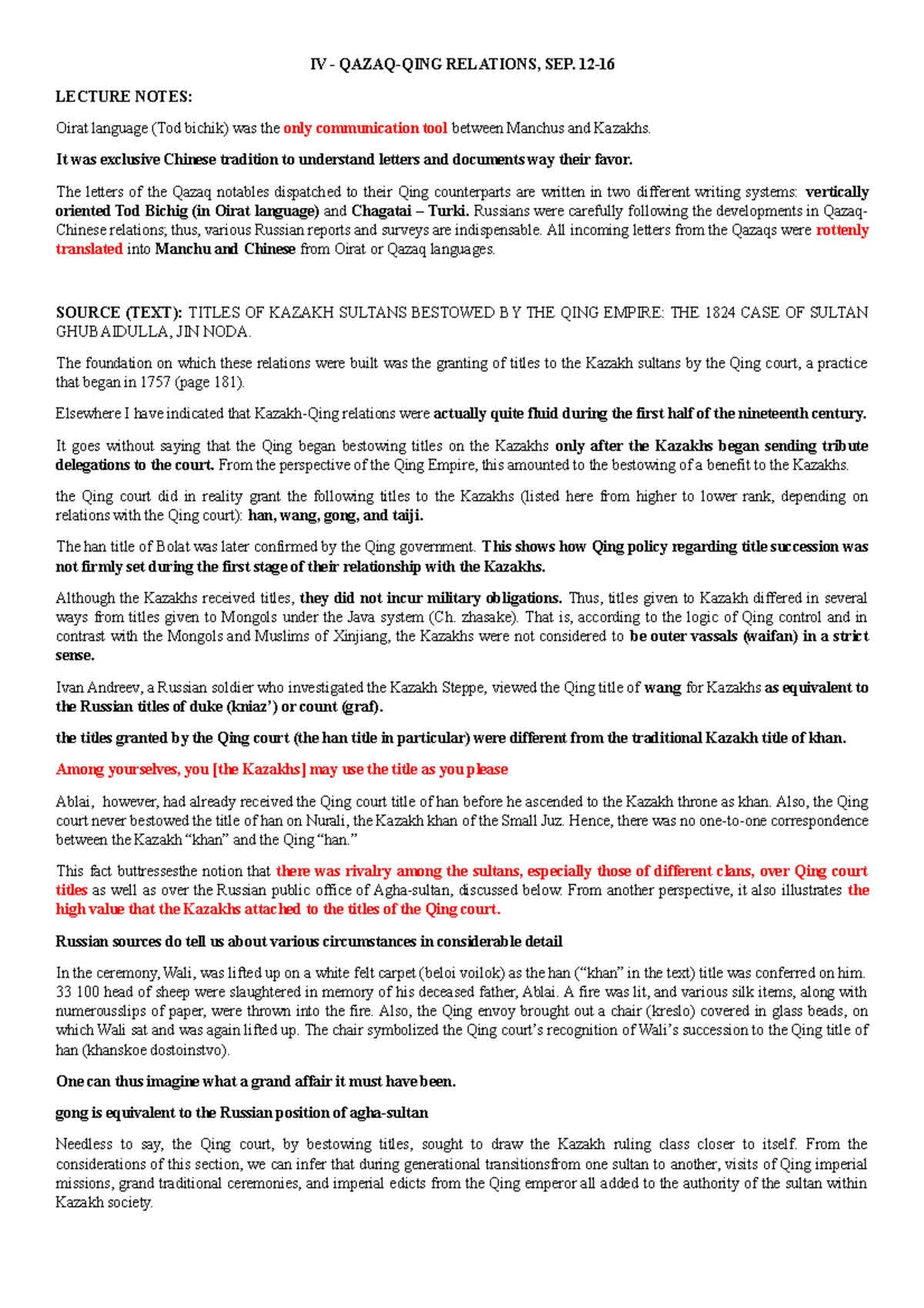 Week 4 Notes - 11111 - IV - QAZAQ-QING RELATIONS, SEP. 12- LECTURE ...