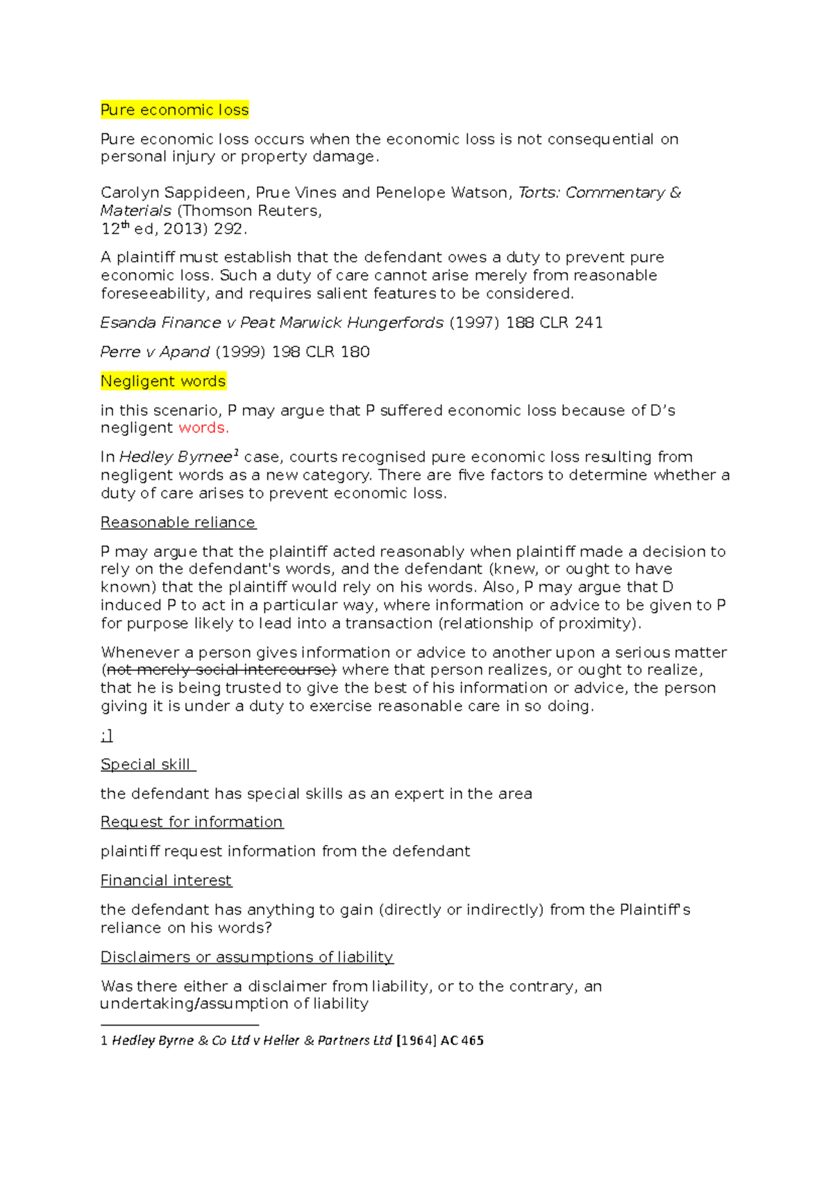 Pure Economic Loss - Torts hypothetical problem solving exam ...