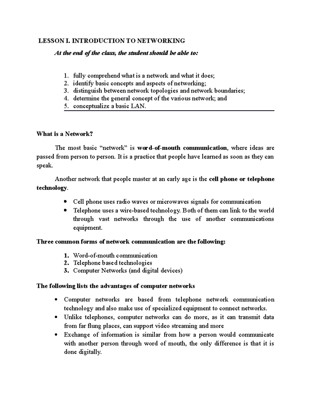Lesson-I - Lesson-I - LESSON I. INTRODUCTION TO NETWORKING At the end ...