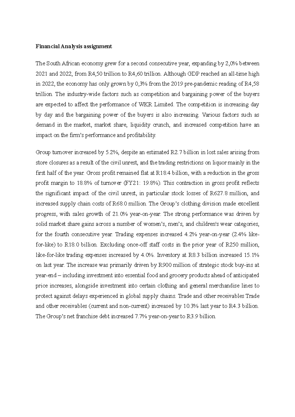 Assignment for Financial analysis Amended 2023 - Financial Analysis ...