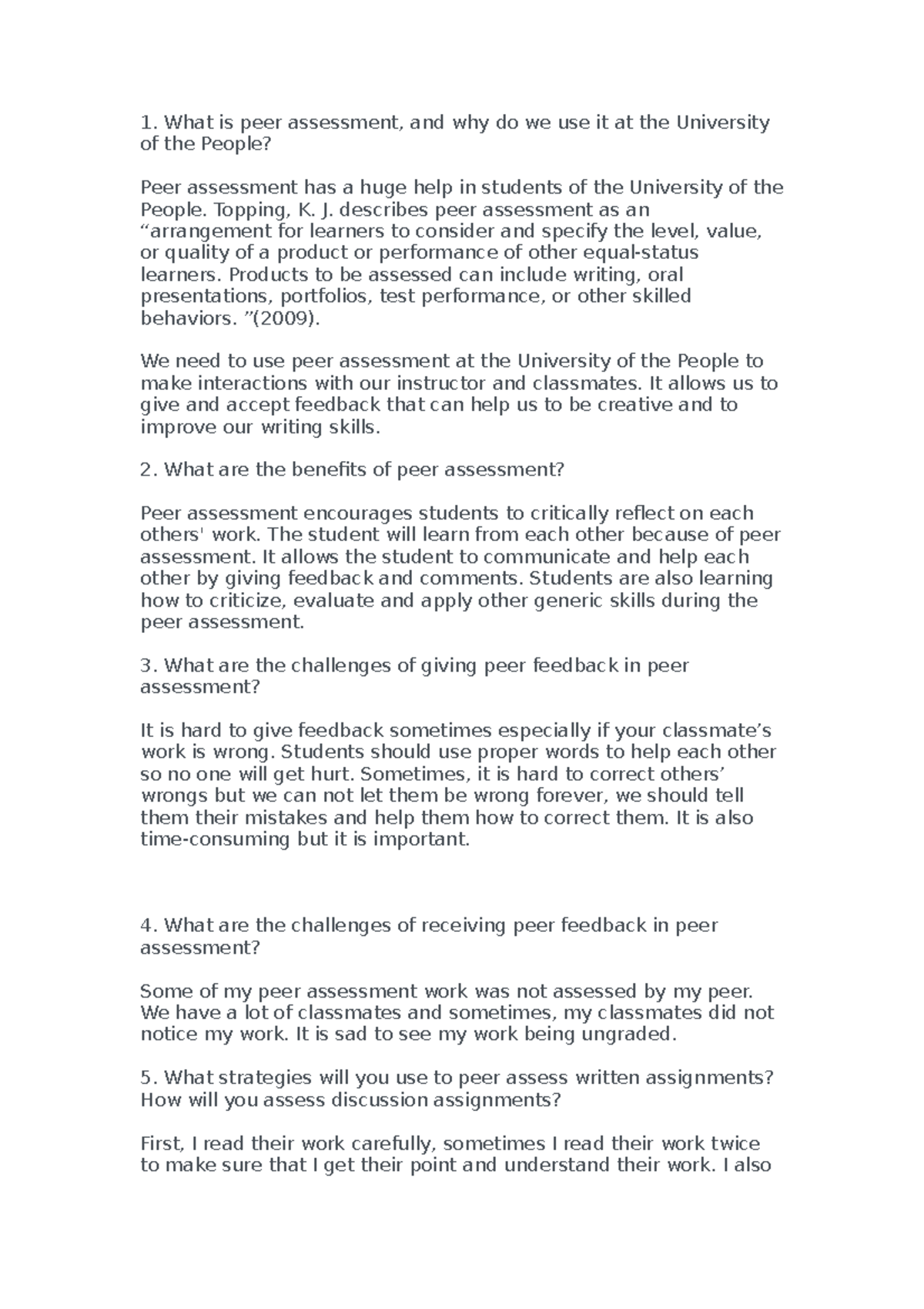 What is peer assessment - Topping, K. J. describes peer assessment as ...