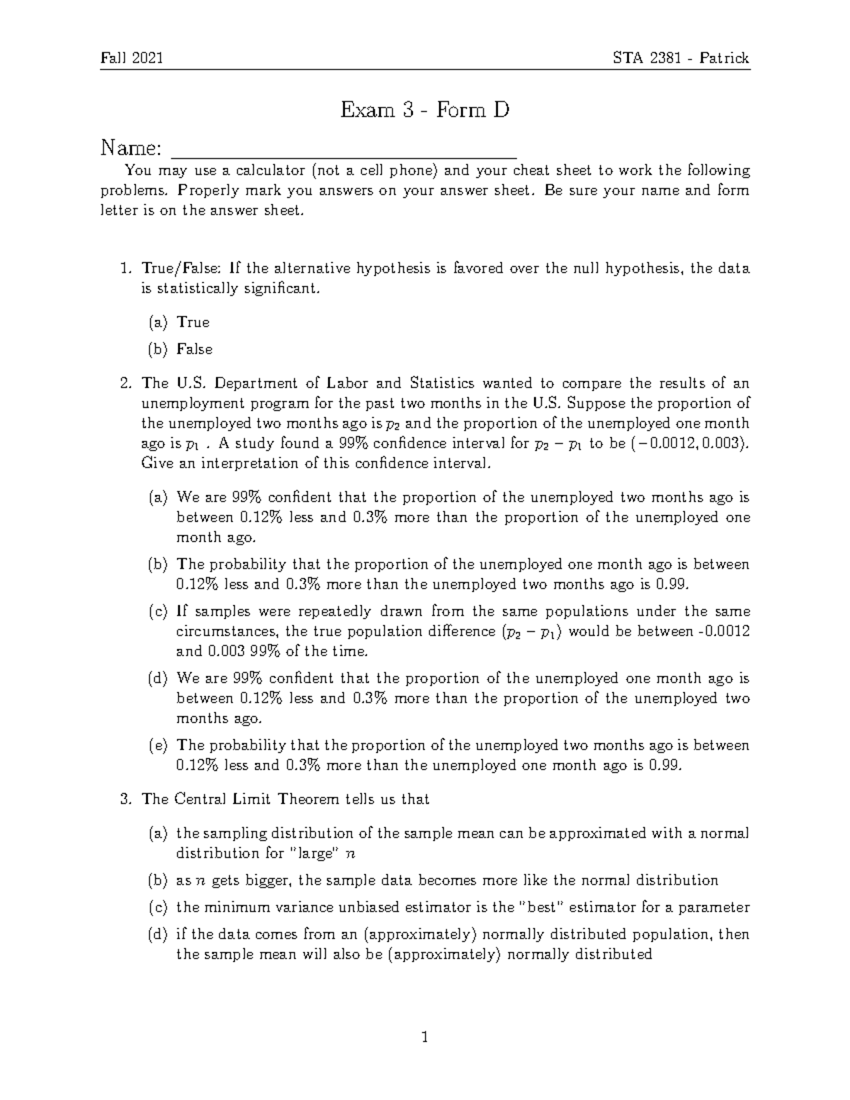 biology form d of - Exam 3 - Form D Name: i You may use a calculator ...