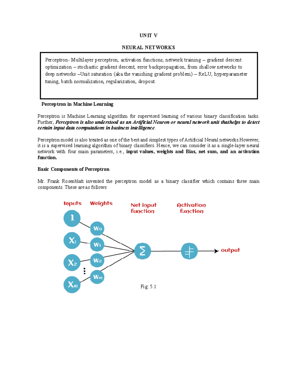 Unit 5 - has a complete pdf for all units seperately - Perceptron- Multilayer perceptron ...