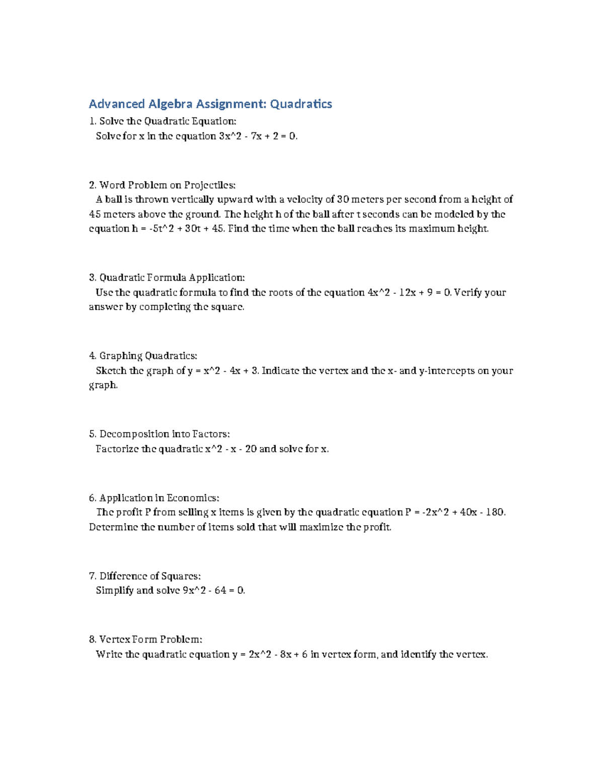 Advanced Algebra Quadratics Assignment - Advanced Algebra Assignment ...