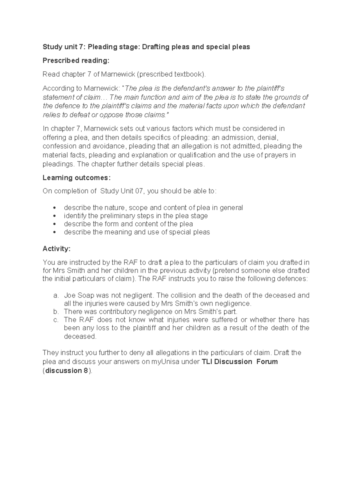 Study unit 8 2 - Study unit 7: Pleading stage: Drafting pleas and special pleas Prescribed ...