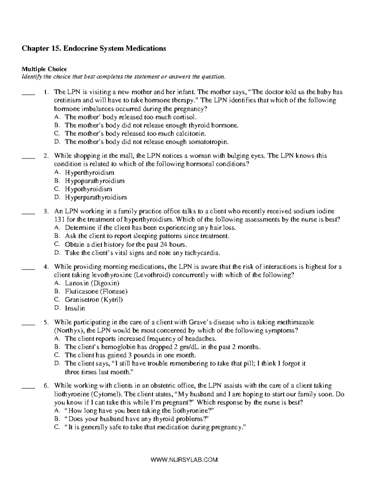 Ch15 - msii - Chapter 15. Endocrine System Medications Multiple Choice ...